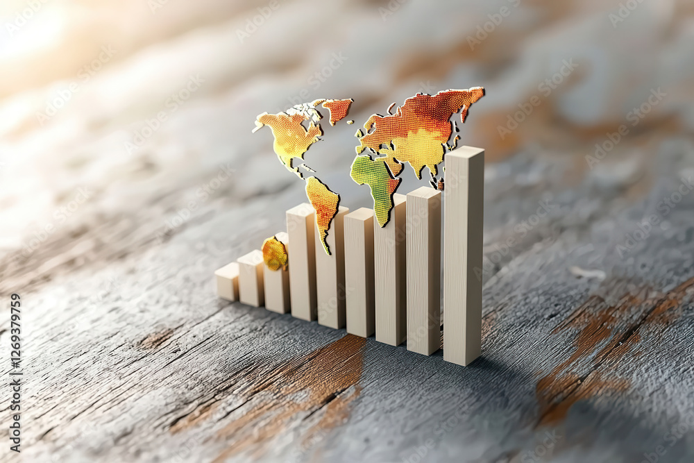 3D bar chart with world map overlay represents global economic data ...