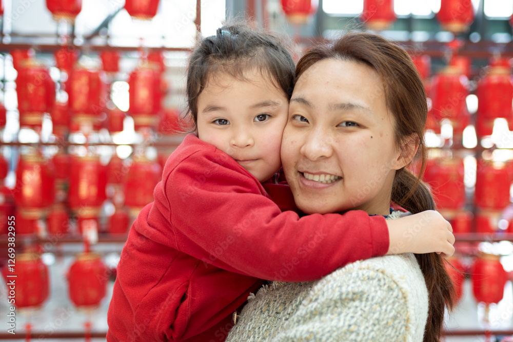 Chinese mother and her four years old multiracial daughter hugging and ...