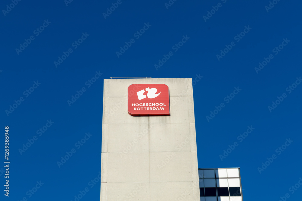 Logo Hogeschool Rotterdam on the school building. Rotterdam, the Netherlands. 02 February 2025 ...