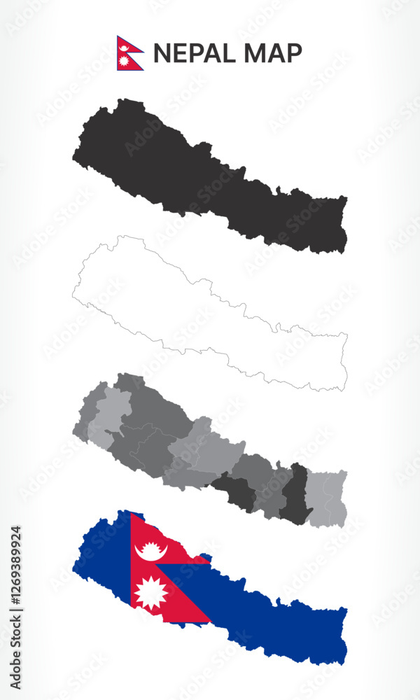 Detailed Nepal Map Collection with Outline, Silhouette, Provinces, and ...