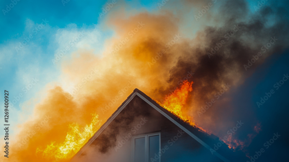 Fire engulfs a wooden house with dark smoke billowing into the blue sky ...