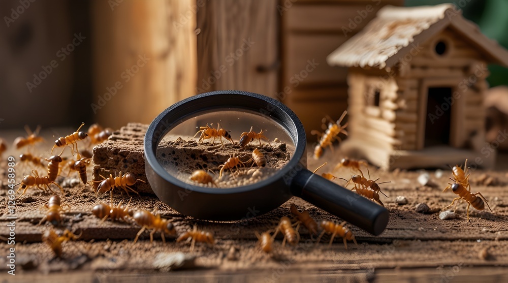 Magnifying glass shows tiny termites near miniature house. Close-up ...