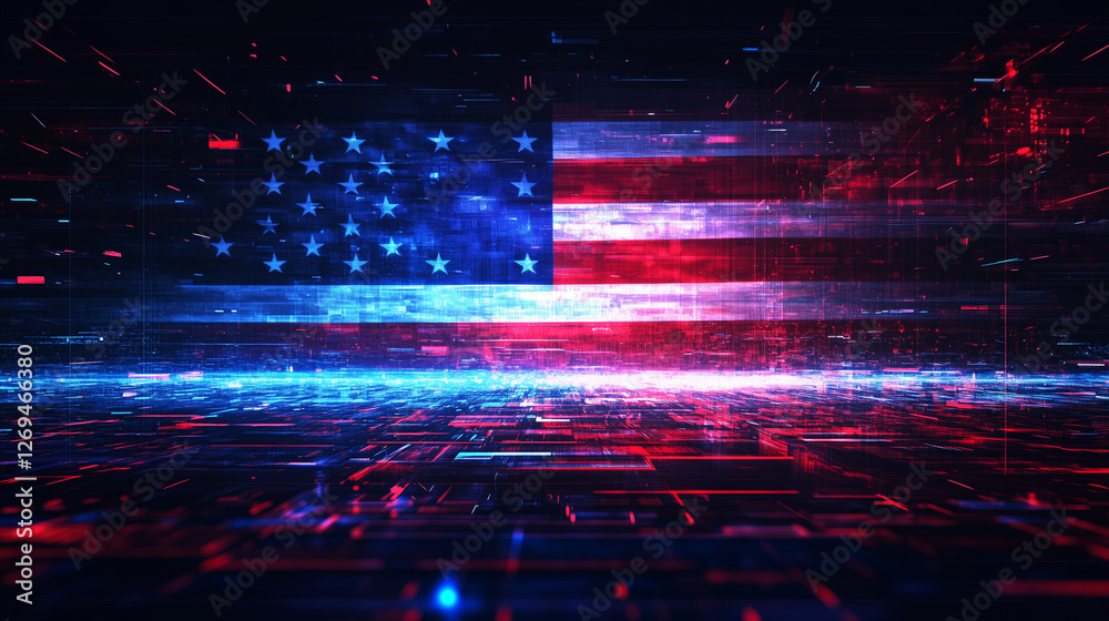American flag with a cyberpunk-inspired glitch effect, featuring ...