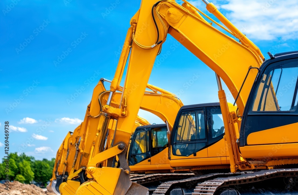 Several yellow excavators are lined up against a bright blue sky. The ...