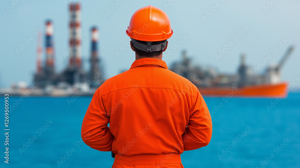 Stock-Foto „Offshore Worker: A lone worker in an orange safety suit and ...