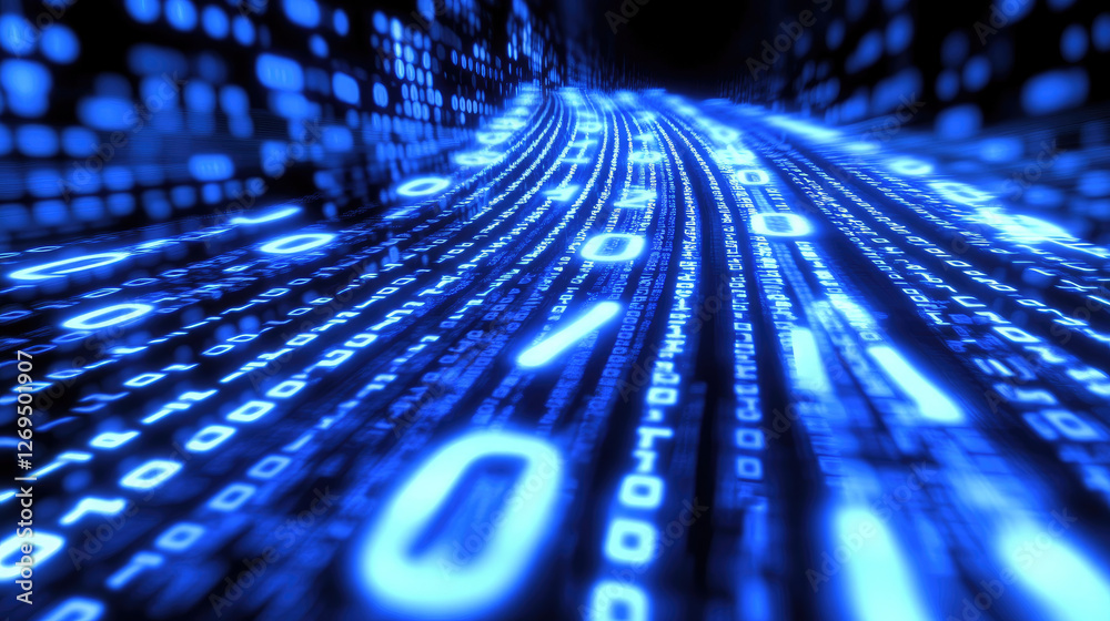 Visualizing digital data glowing blue binary code background old computer interface dark ...