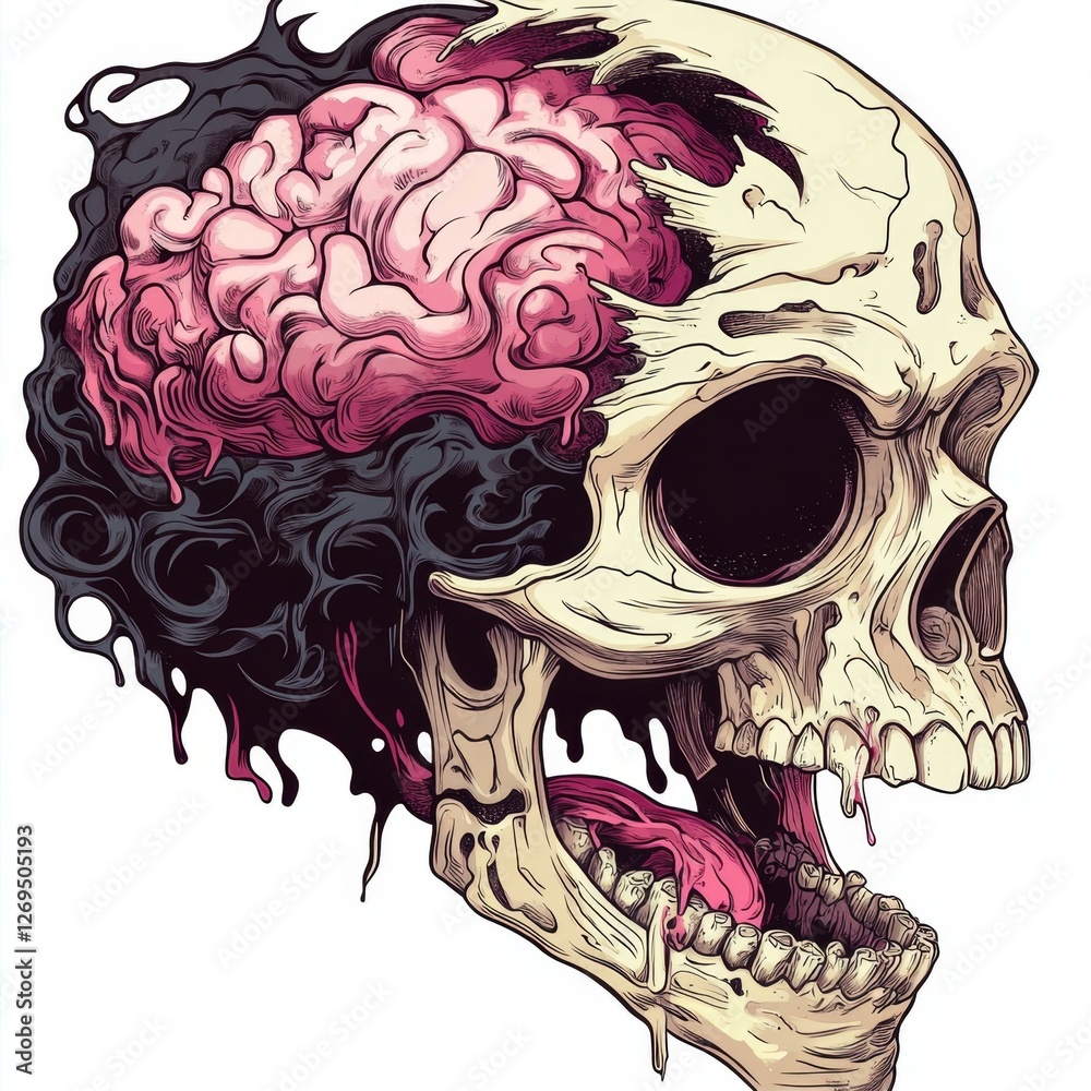 Anatomical Skull with Exposed Brain and Dripping Elements Dark ...