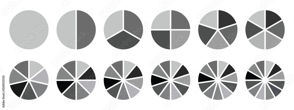 Pie charts icons. Pie chart sign. Black pie charts diagrams. Circle section graph. 1,2,3,4,5,6 ...