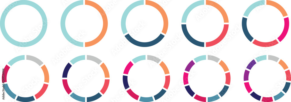 Pie chart icons. Segment slice sign. Circle section pie chart diagram. 1,2,3,4,5,6,7,8,9,10,11 ...