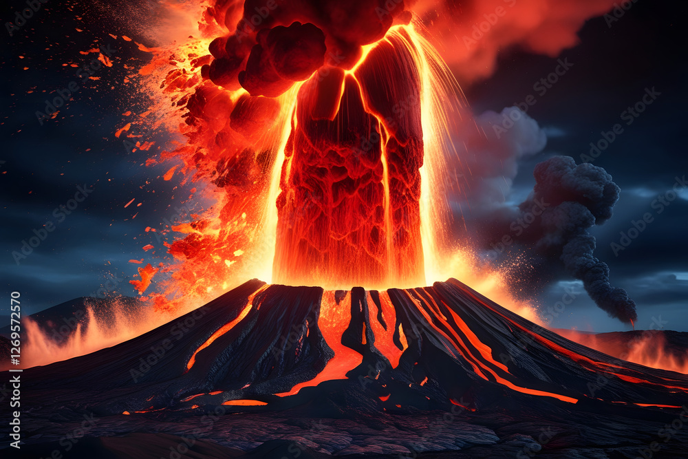 A powerful eruption of a volcano with flowing lava and spewing ash ...