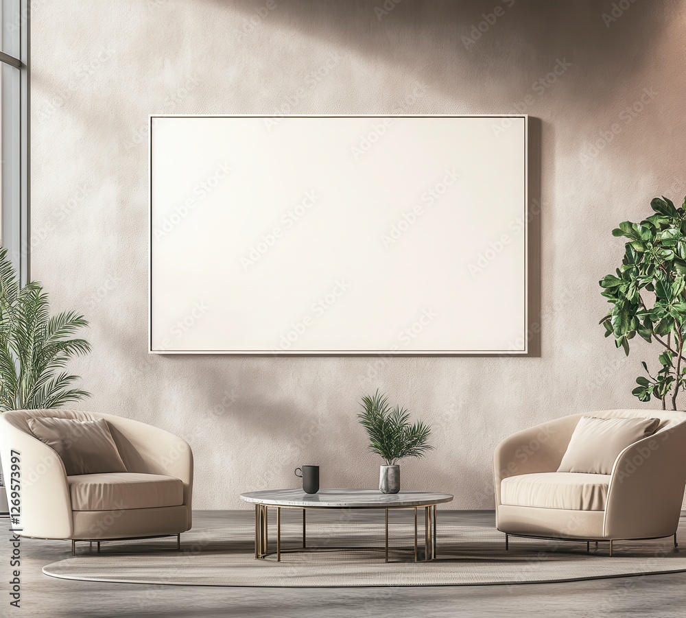 Modern Living Room Interior Mockup With Blank Poster And Plants ...