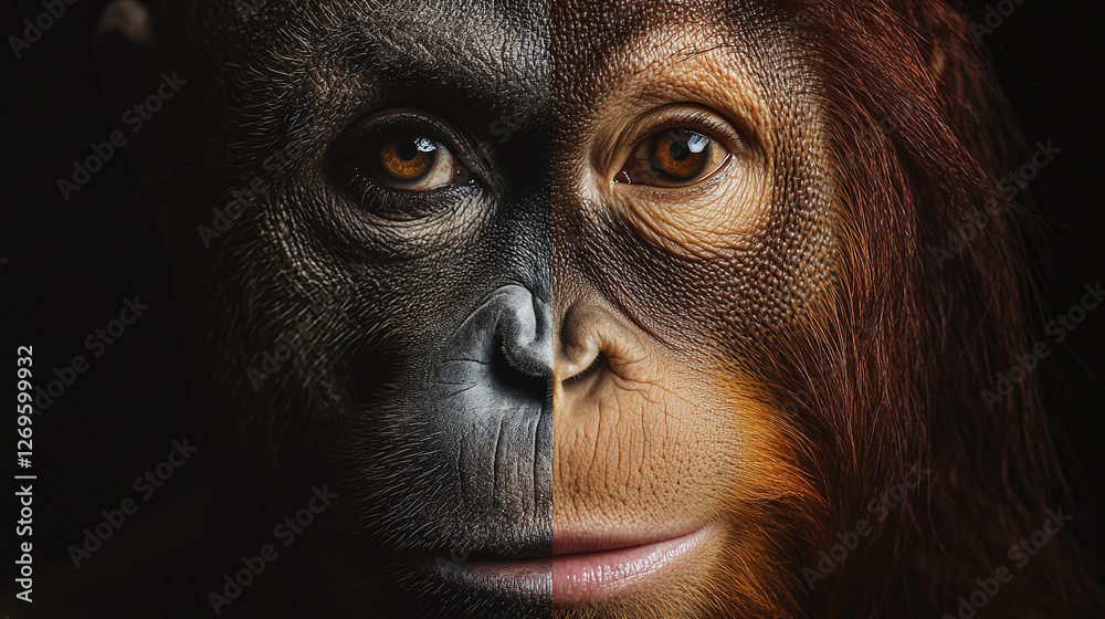 Artistic split portrait of human and orangutan faces, highlighting ...