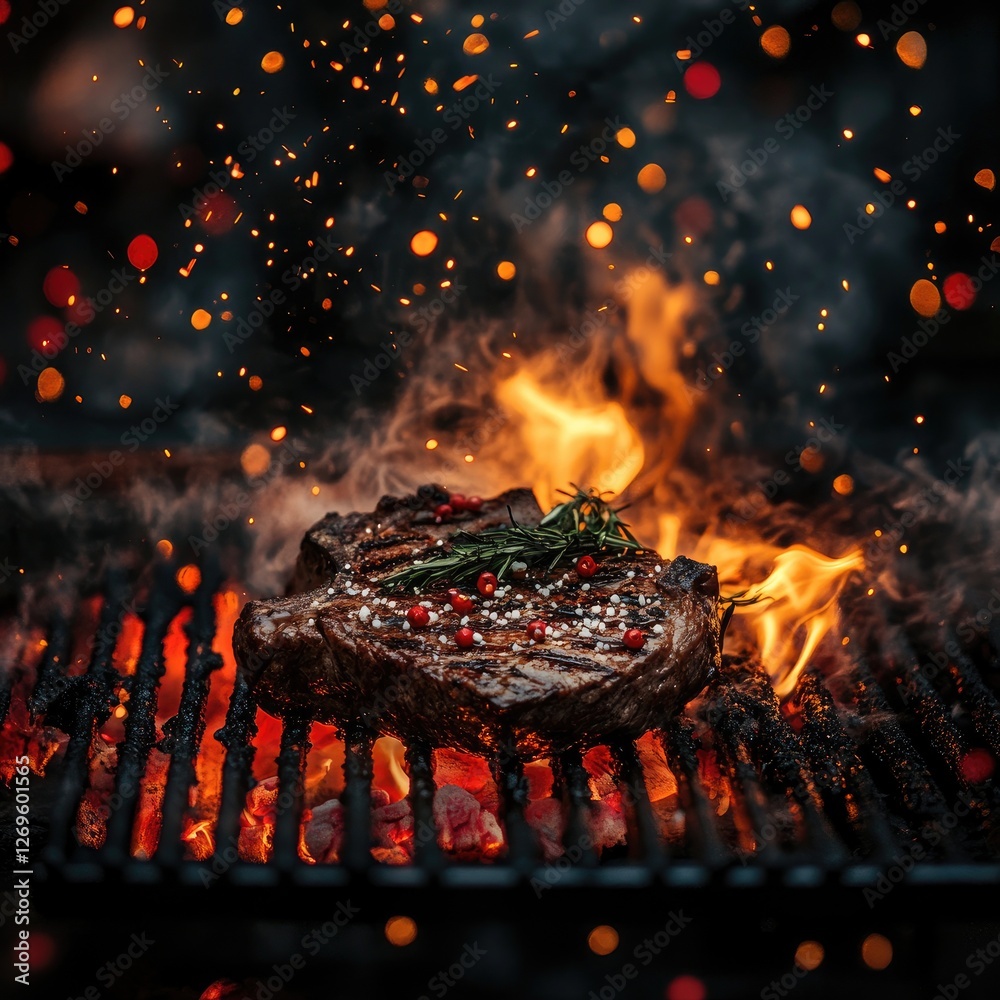 Sizzling Flame-Grilled Steak with Smoky Spices and Fire Sparks ...