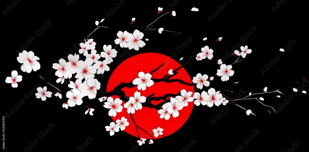 Sakura branch and sun on black background. Cherry blossoms branch with ...