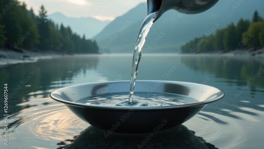 sacred water is poured into a bowl, embodying Buddhist rituals and the ...