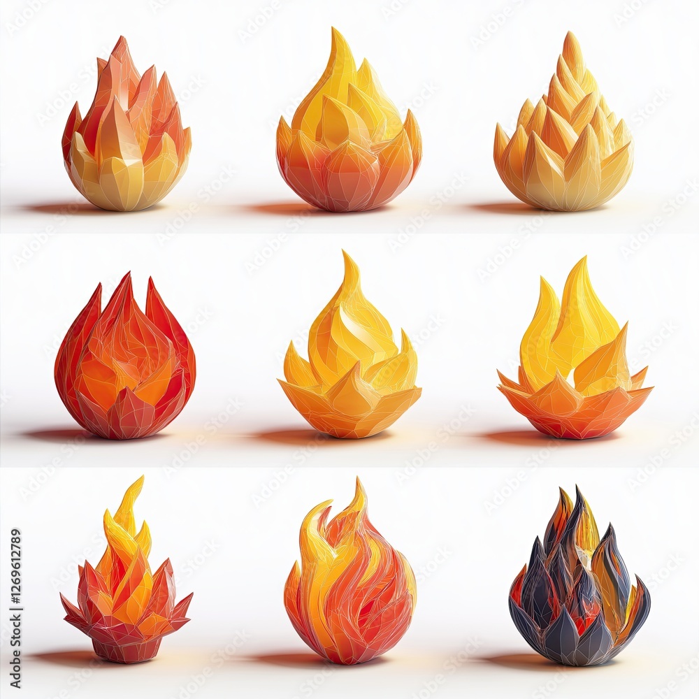 3D rendering a collection of nine icons representing different types of ...