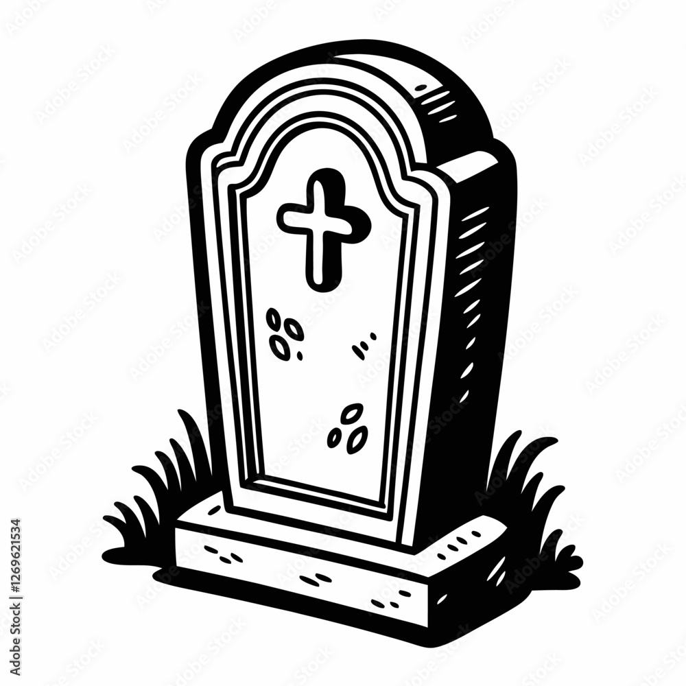 Black and White Illustration of a Tombstone with Cross Grayscale ...