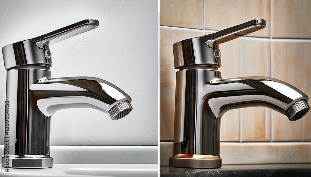 faucet shown before and after cleaning with a specialized detergent ...