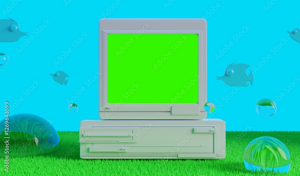 retro-future pc monitor y2k 2000s frutiger aero aqua web 2.0 gloss with stage podium for product ...