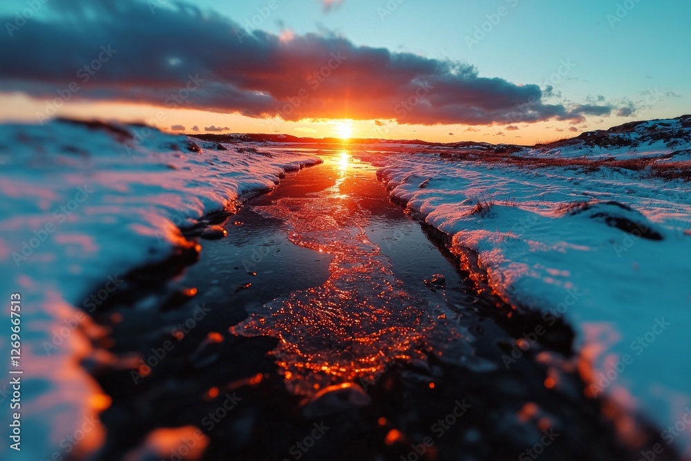 stunning view reveals narrow stream winding through melting snow icy ...