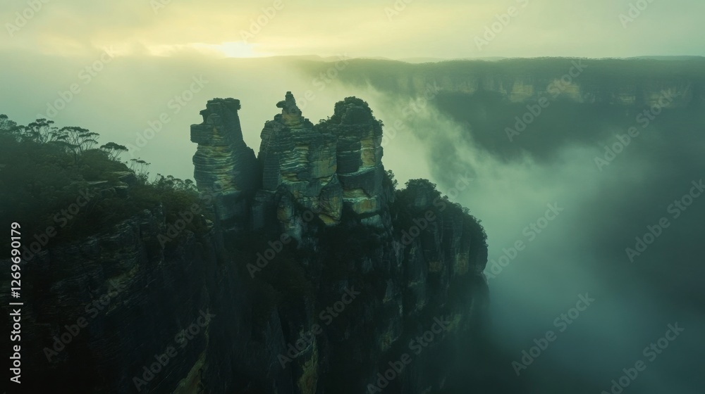 The Three Sisters rock formation at dawn, with soft light illuminating ...