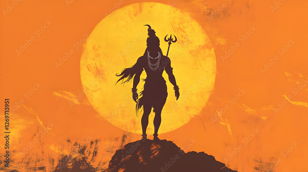 Lord Shiva silhouette with trident on big yellow sun for MahaShivratri ...