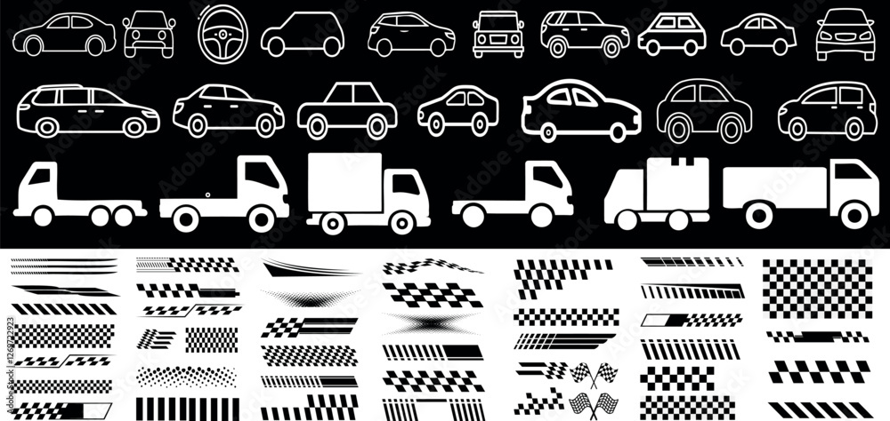 Car icons, truck silhouettes, racing stripes, checkered flags, speed ...