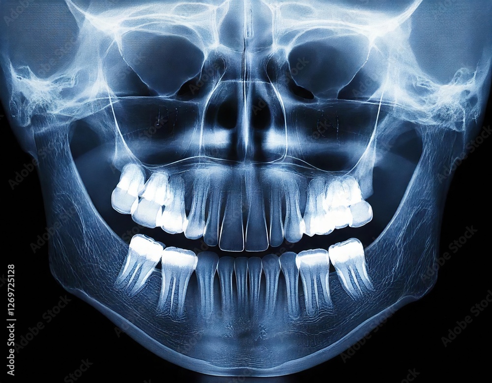 X-ray of human skull showing dental structure and bone alignment for ...