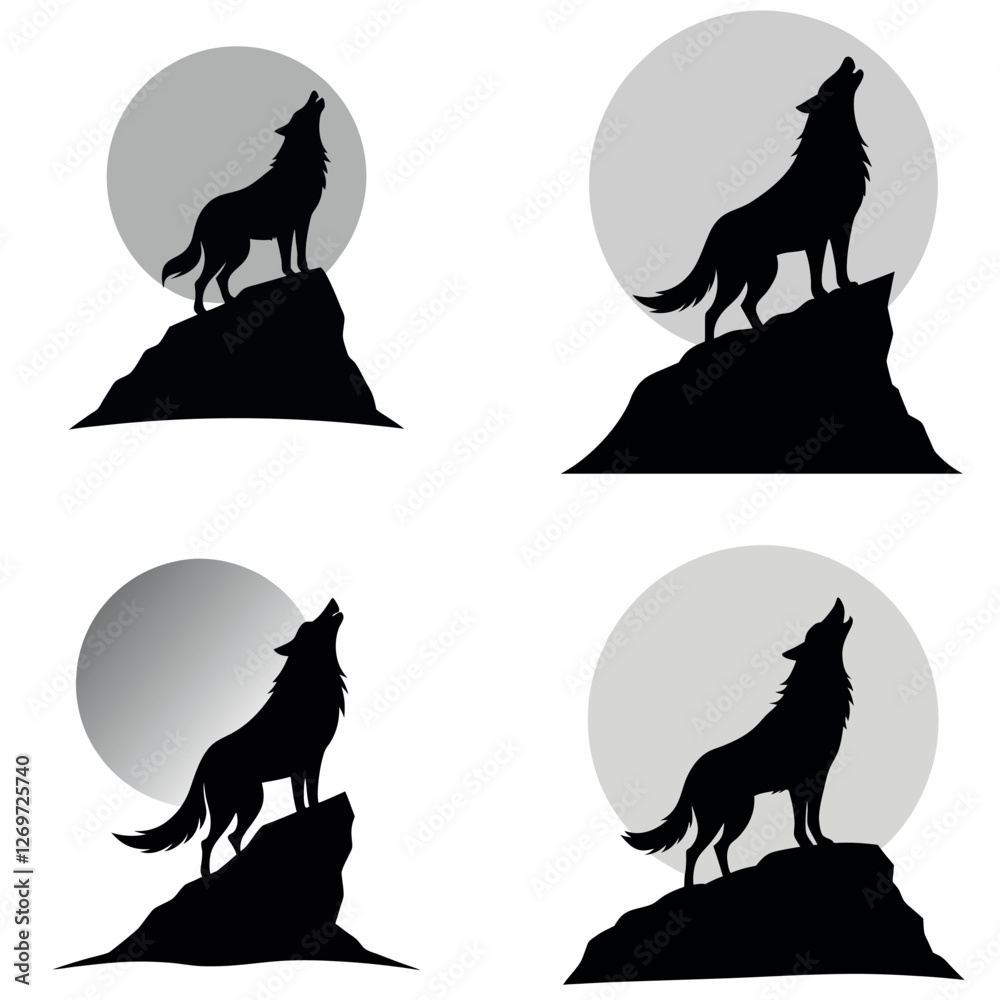 Wildlife silhouette of a howling wolf on a rocky cliff, detailed fur ...