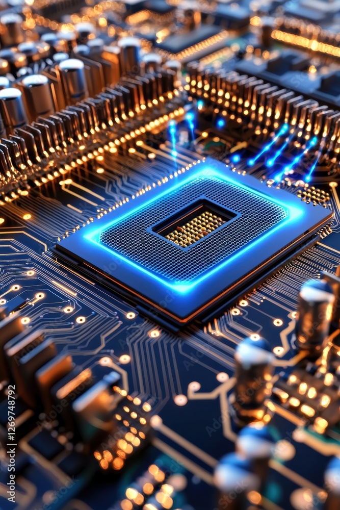 Extreme close up of a motherboard chipset, intricate solder points ...