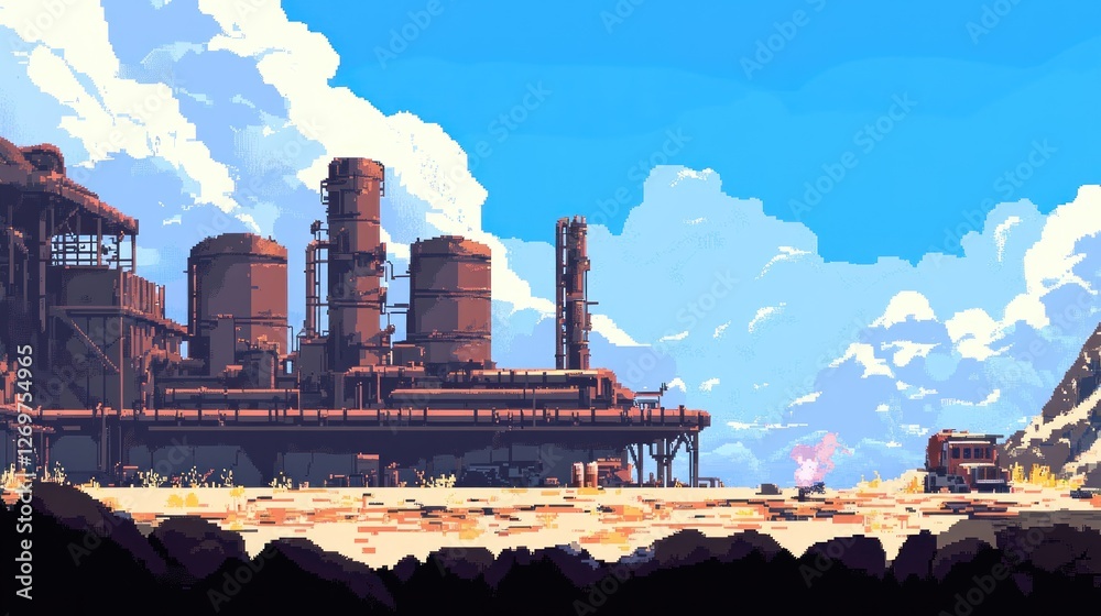 Pixel Art Depicts Rusty Industrial Complex Under a Blue Sky Stock ...