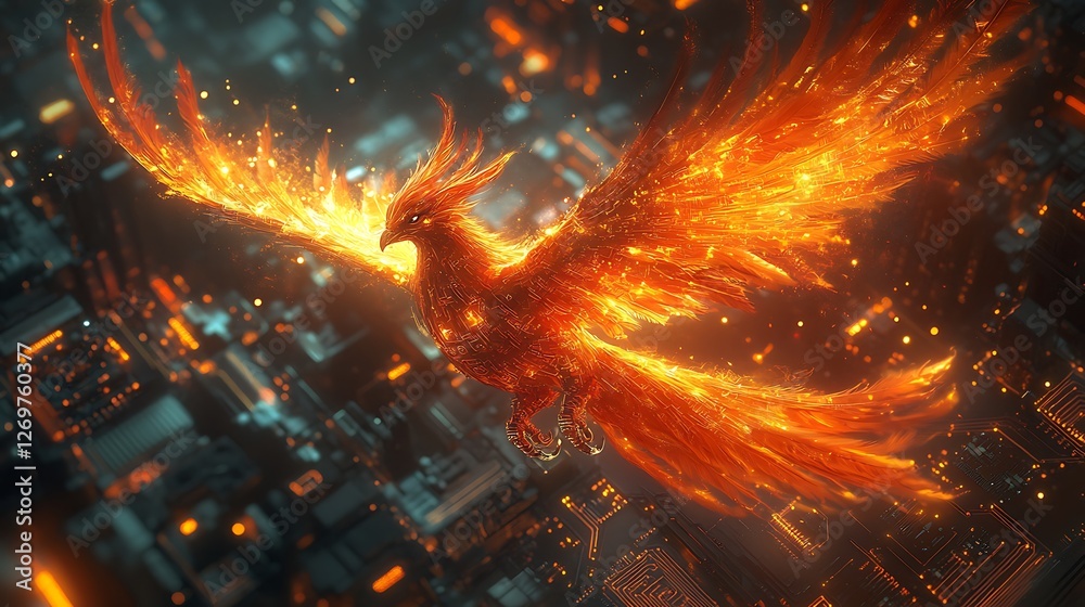 Phoenix rising from scattered glowing circuit boards in a cyberpunk ...