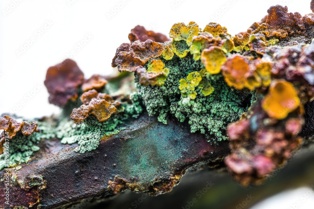 Vibrant lichens in various colors and textures thrive on a weathered ...