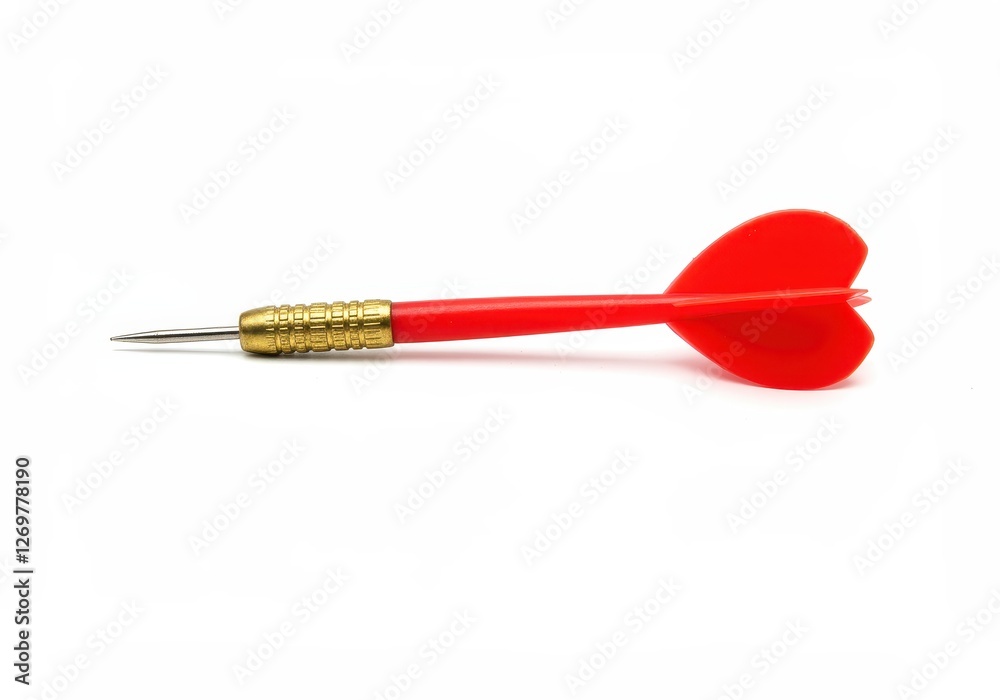 A red dart with a plastic tail and a gold metal tip isolated on white ...