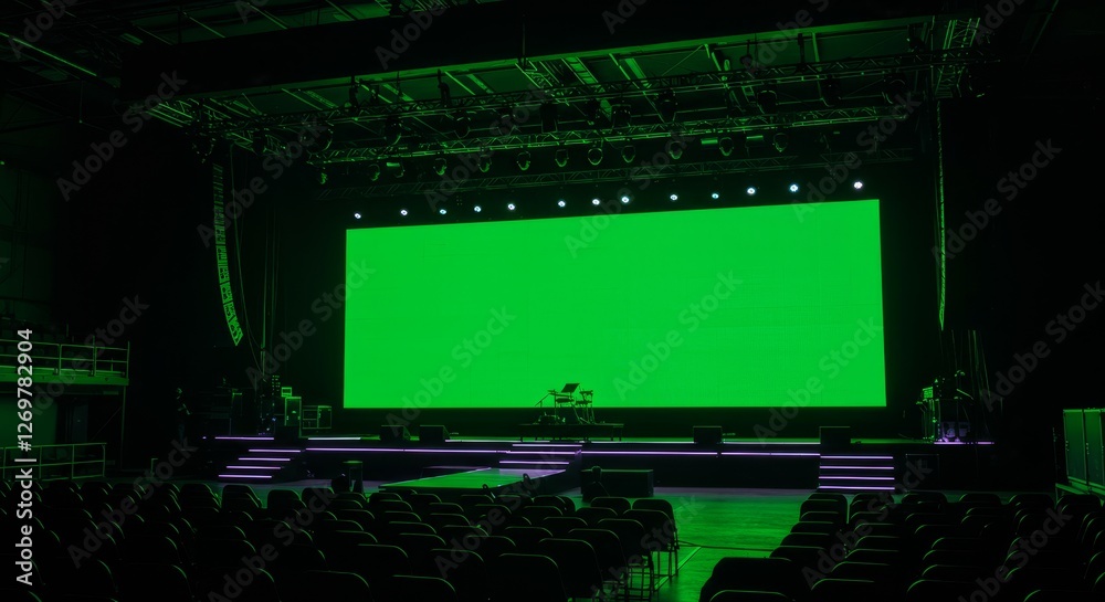 Large Green Screen Stage with Empty Seats - This showcases a large ...