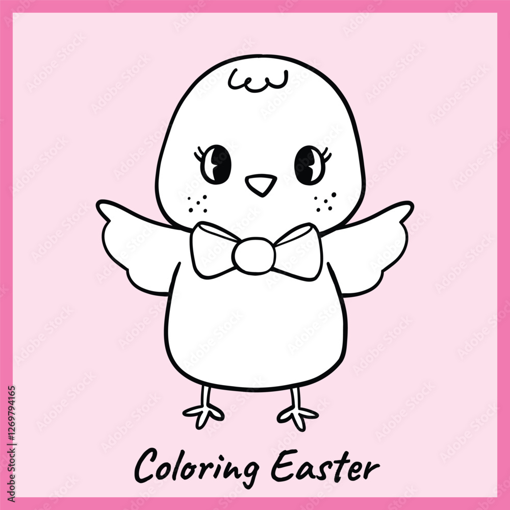 Black and white outline of an adorable baby chick wearing a bow ...