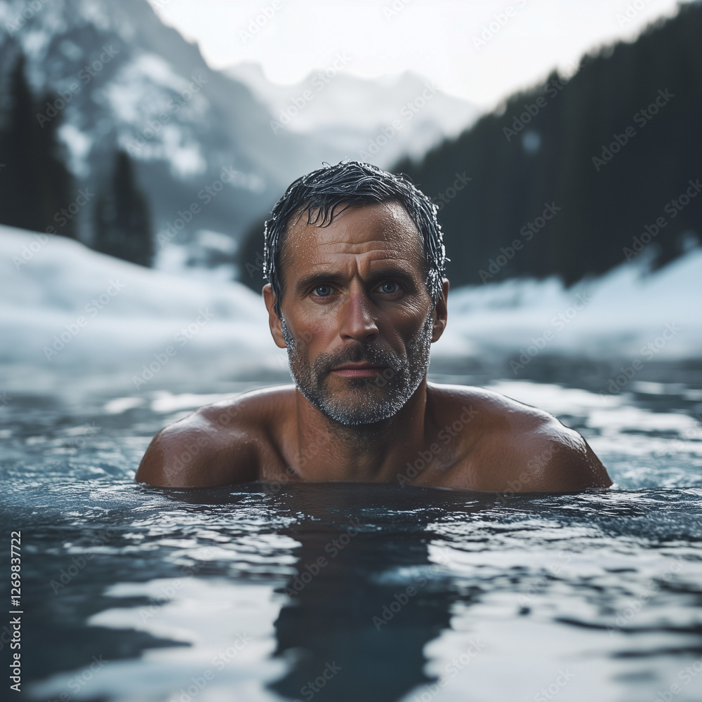 Cold Exposure Training in a Frozen Lake: A man submerged in an icy lake ...