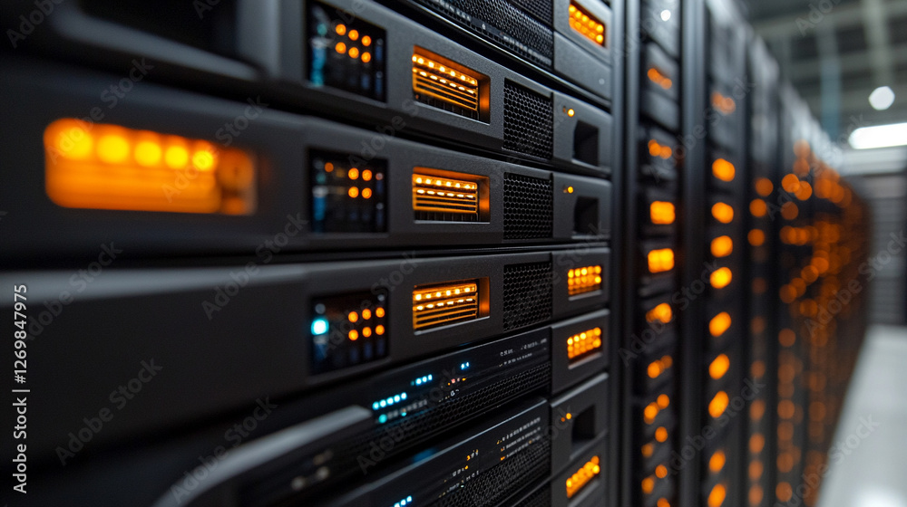 Information flows through a data center storage system, with blue and orange lighting ...