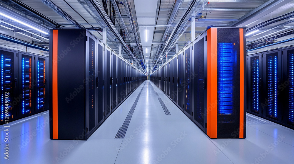 Information flows through a data center storage system, with blue and orange lighting ...