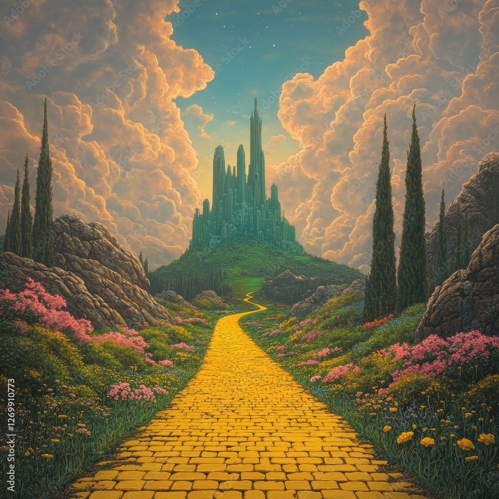 A magical pathway of yellow bricks leads to the vibrant emerald city in ...