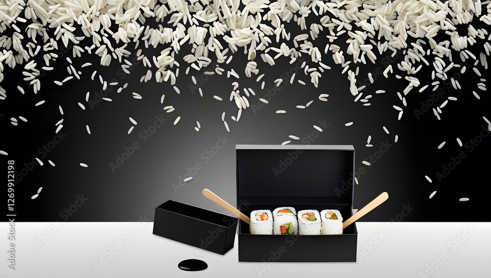 dynamic rice grain background with floating motion effect and sushi box ...