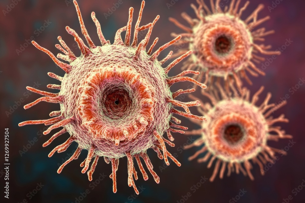 Illustration of tumor cell destruction through a series of 3D images ...