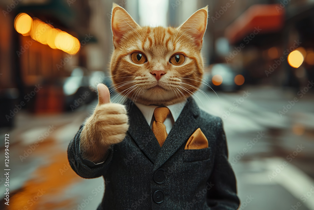 Cute handsome guy cat wearing classy suit standing on city street and ...