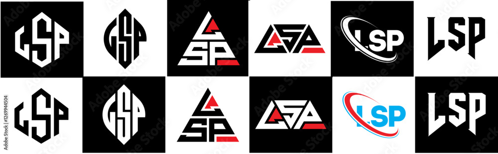 LSP letter logo design in six style. LSP polygon, circle, triangle ...