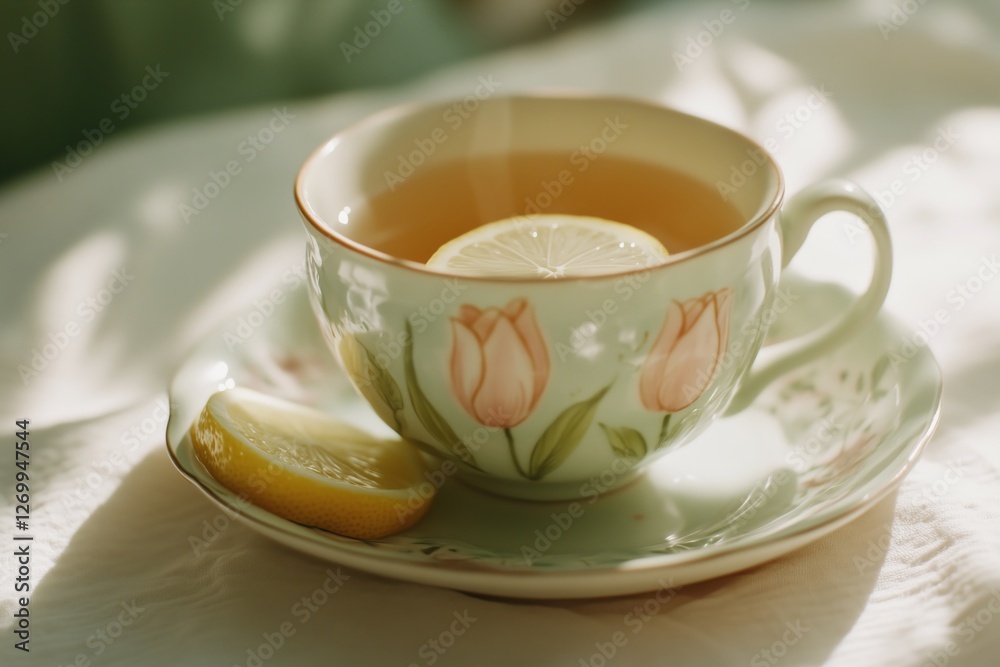 delicate ceramic teacup with hand-painted tulip details, filled with ...