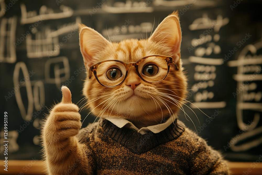 Image of cute teacher cat in glasses and teacher outfit giving thumbs ...