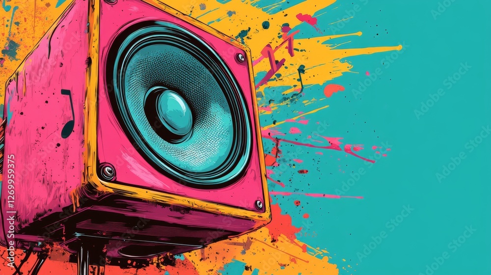 Illustrated loudspeaker icon in bold colors and geometric shapes ...
