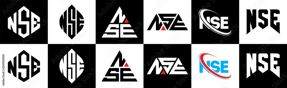 NSE letter logo design in six style. NSE polygon, circle, triangle ...
