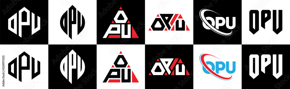 OPU letter logo design in six style. OPU polygon, circle, triangle ...