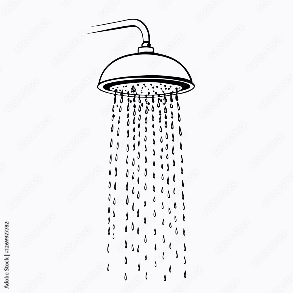 Vintage-style line drawing of shower head with water droplets. Simple ...